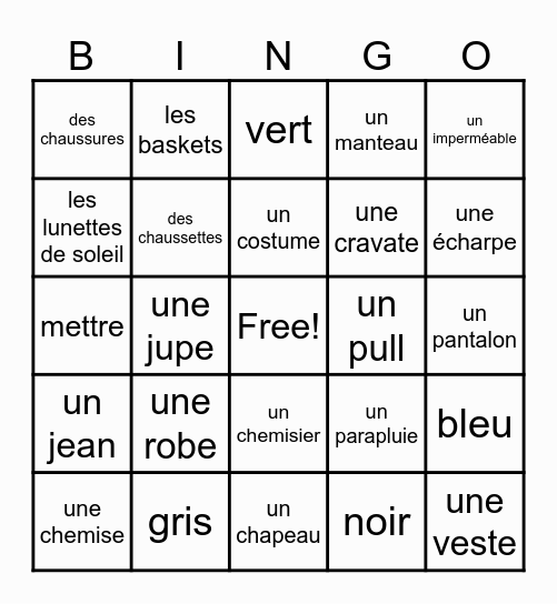 NGMS French Clothing and Accessories Bingo Card