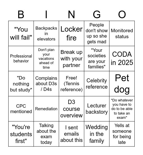 Class Assembly Bingo Card