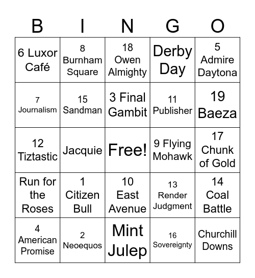 Kentucky Derby Bingo Card