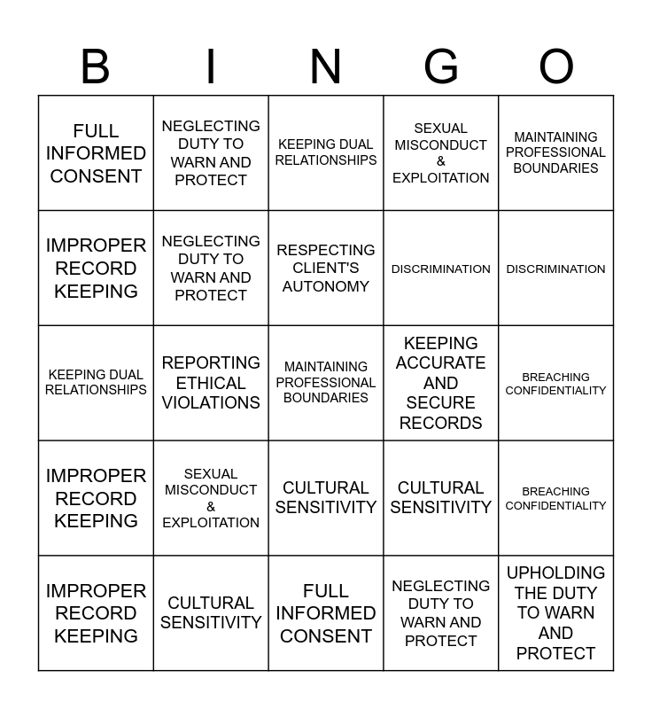 Ethics of Counseling Bingo Card