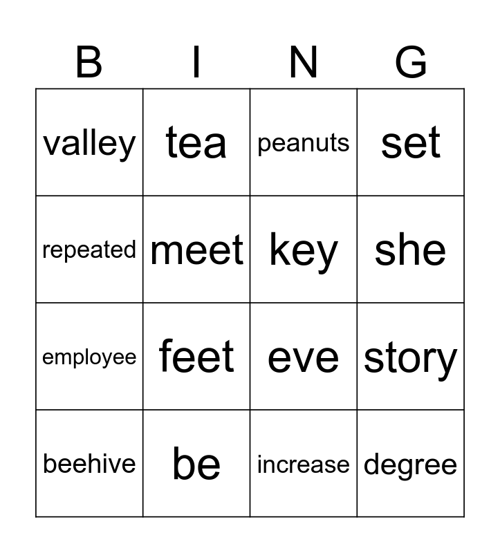 Long - e Bingo Card