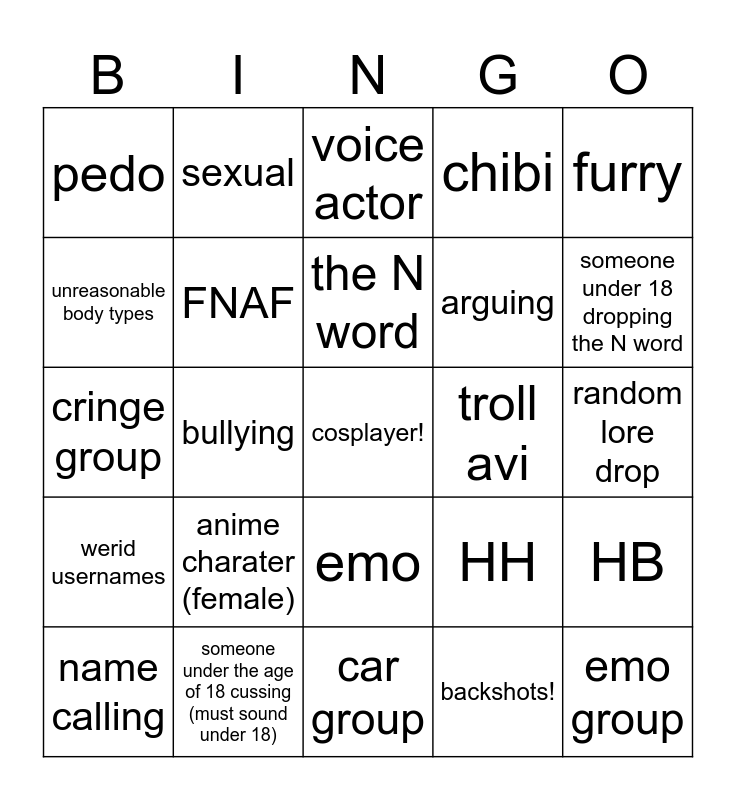 vrc types Bingo Card