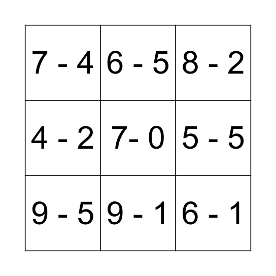 Subtraction Bingo Card