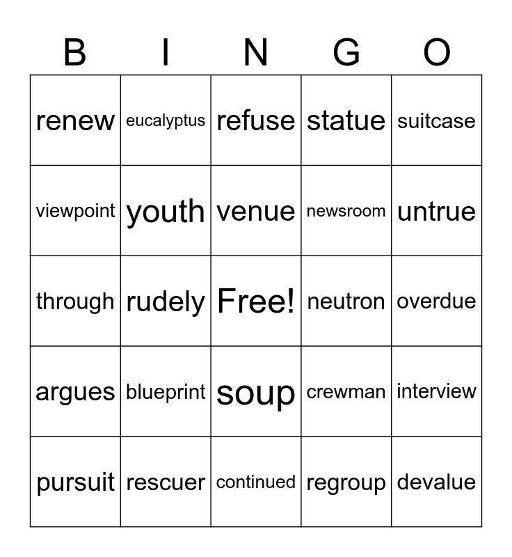 Long U Bingo Card