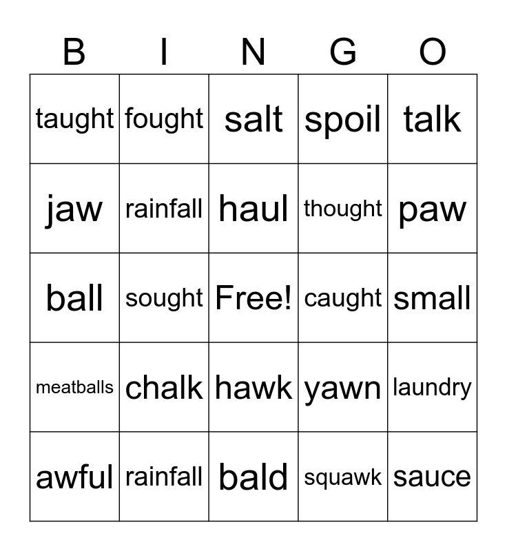 a, aw, au, augh, al, ough Bingo Card