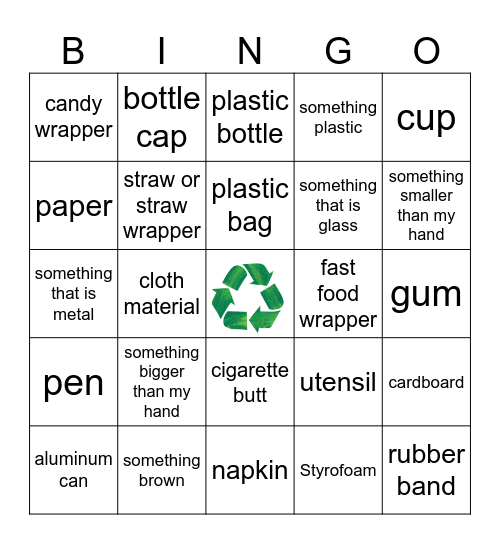 Trash Clean-Up Bingo Card