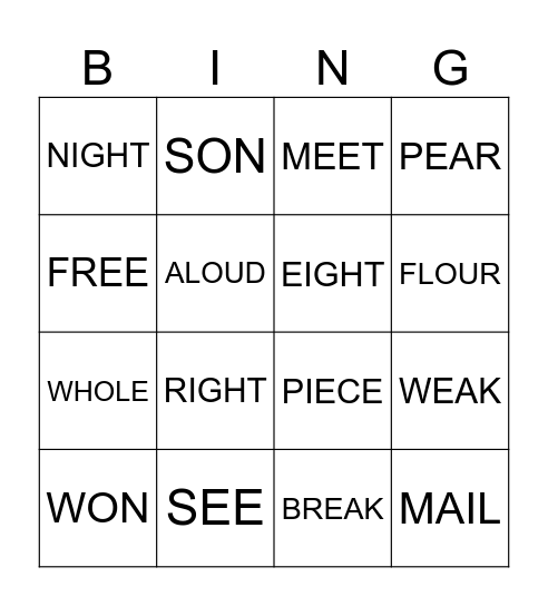HOMOPHONES Bingo Card