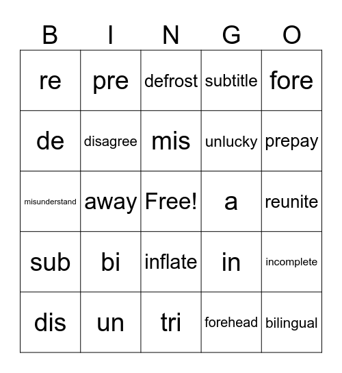 Prefixes Bingo Card