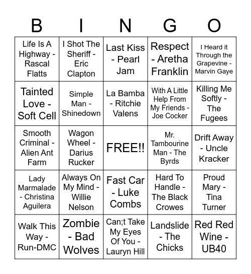 Cover Songs Bingo Card
