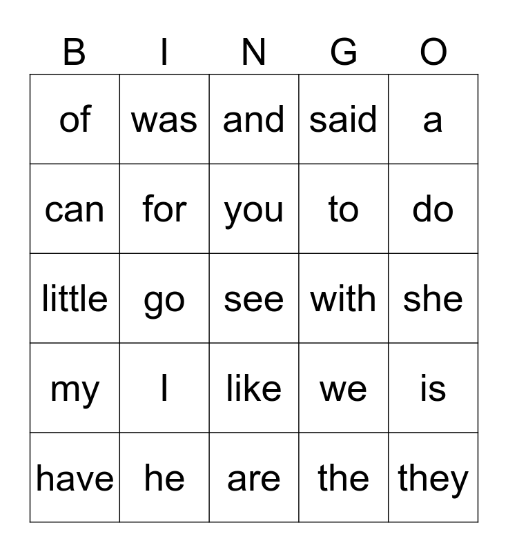 High Frequency Words Bingo Card