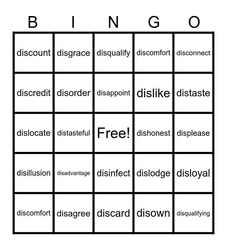 Lesson 105: dis-: Prefix dis- means not or apart Bingo Card