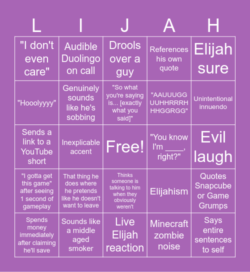Elijah Bingo Card