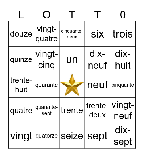 French NUMBERS Bingo Card