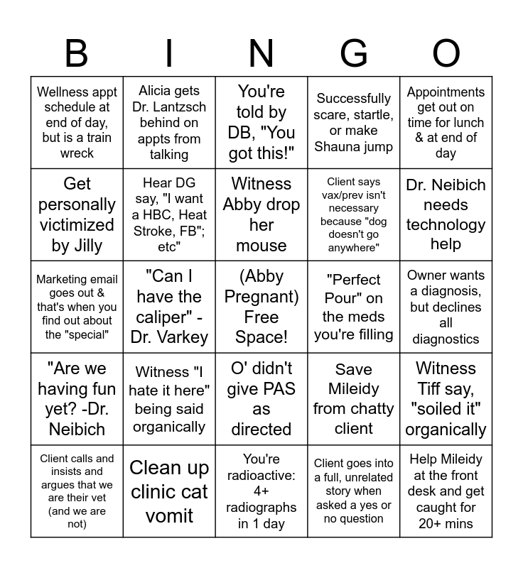 LWAH Veterinary Bingo Card