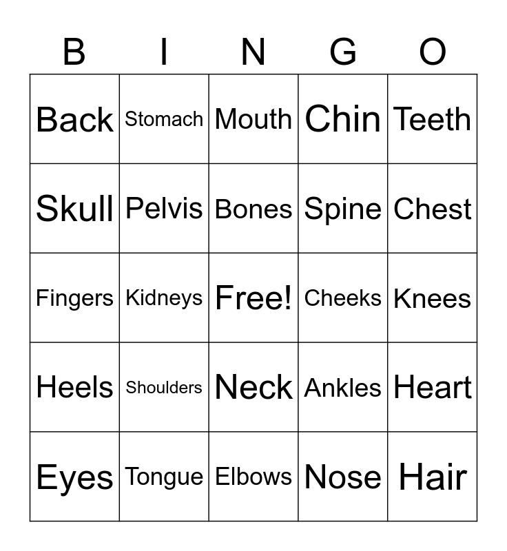 Definition Bingo: Know your Body Bingo Card