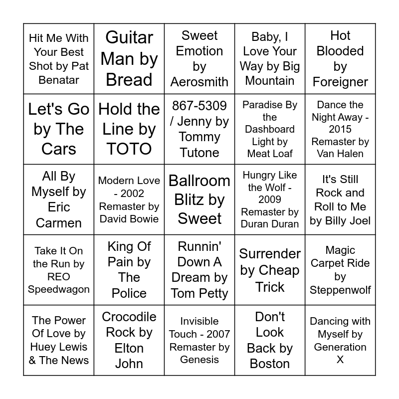 Classic Rock Bingo Card