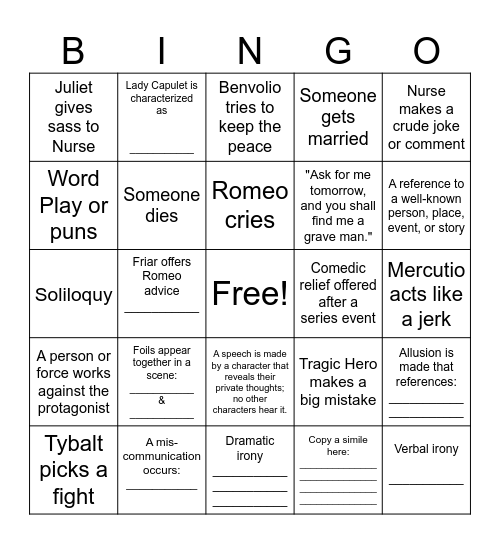 Romeo and Juliet Bingo Card