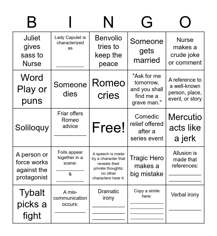 Romeo and Juliet Bingo Card