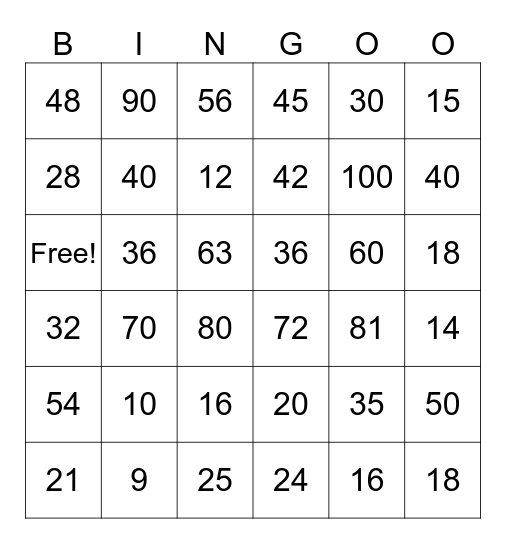 Multiplication Bingo Card