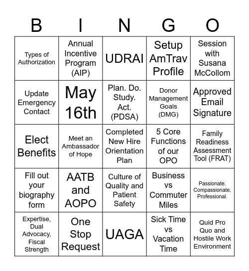 New Hire Orientation Plan May 2025 Bingo Card