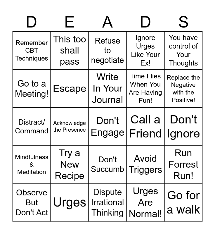 Deny-Escape-Avoid/Accept-Distract-Substitute Bingo Card