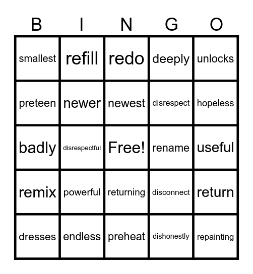 Lesson 106: Affixes Review 1 Bingo Card