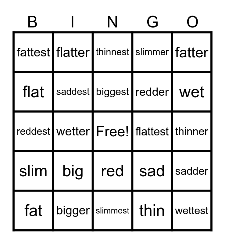 Lesson 108: Doubling Rule -er, -est Bingo Card