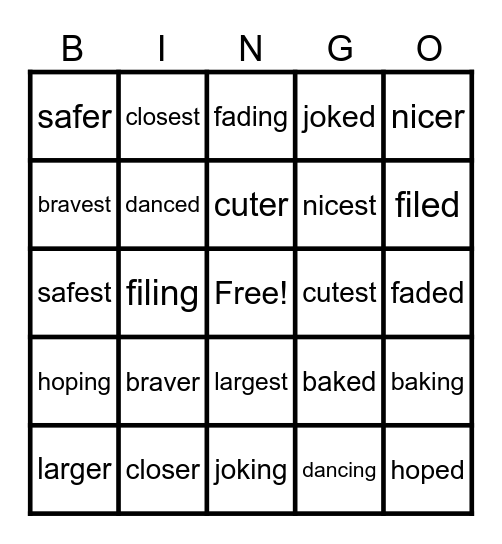 Lesson 109: Drop -e Rule before adding suffix Bingo Card