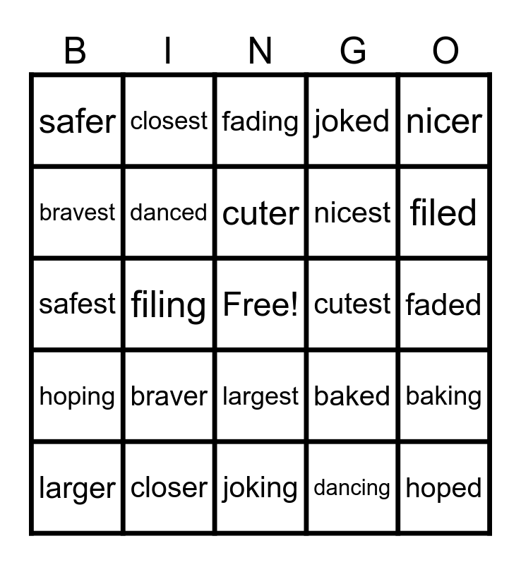Lesson 109: Drop -e Rule before adding suffix Bingo Card