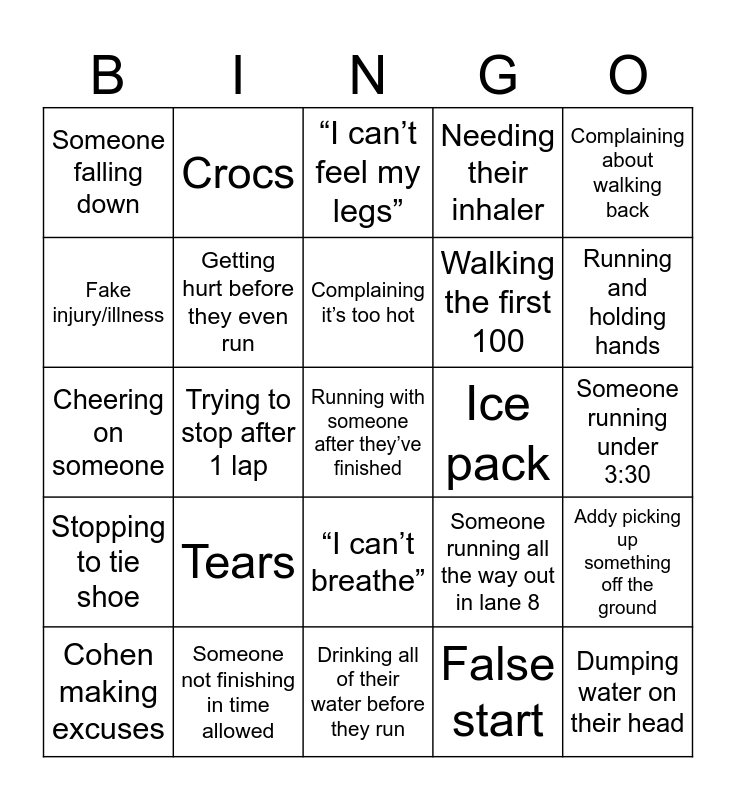 3rd Grade Half Mile Bingo Card