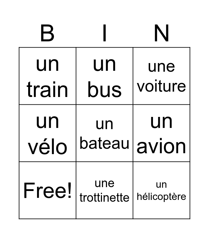 Les Transports Bingo Card