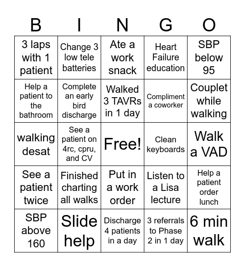 CARDIAC REHAB Bingo Card