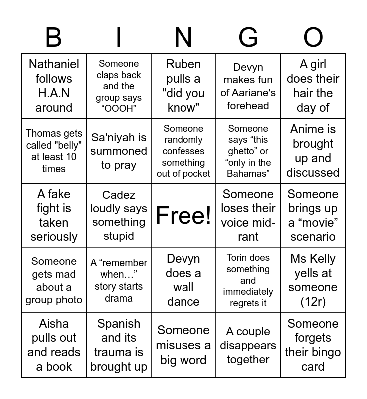 Day Away Bingo Card