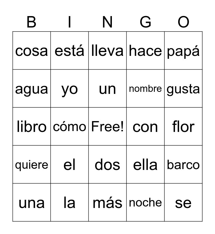 Palabras de uso frecuente Bingo Card