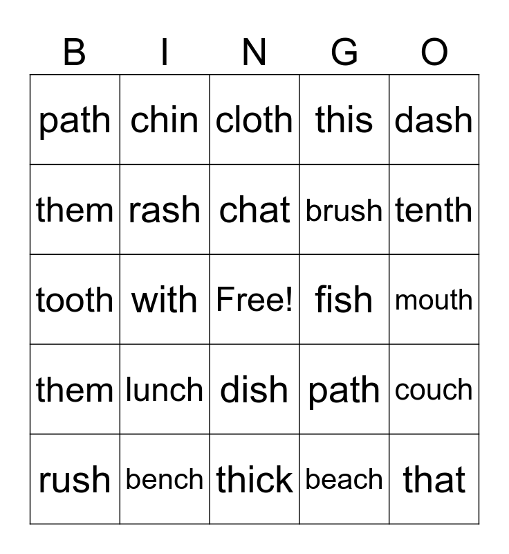 Digraphs Bingo Card