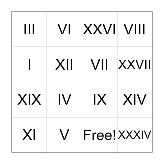 Roman Numerals Bingo Card