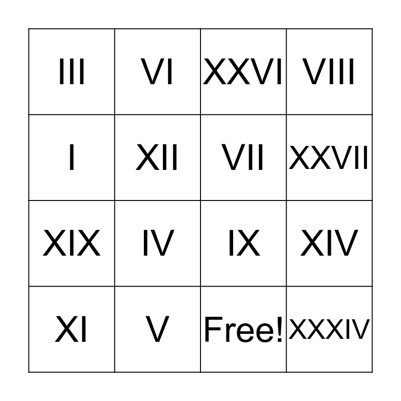 Roman Numerals Bingo Card