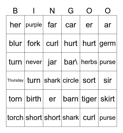 R-Controlled Vowels Bingo Card