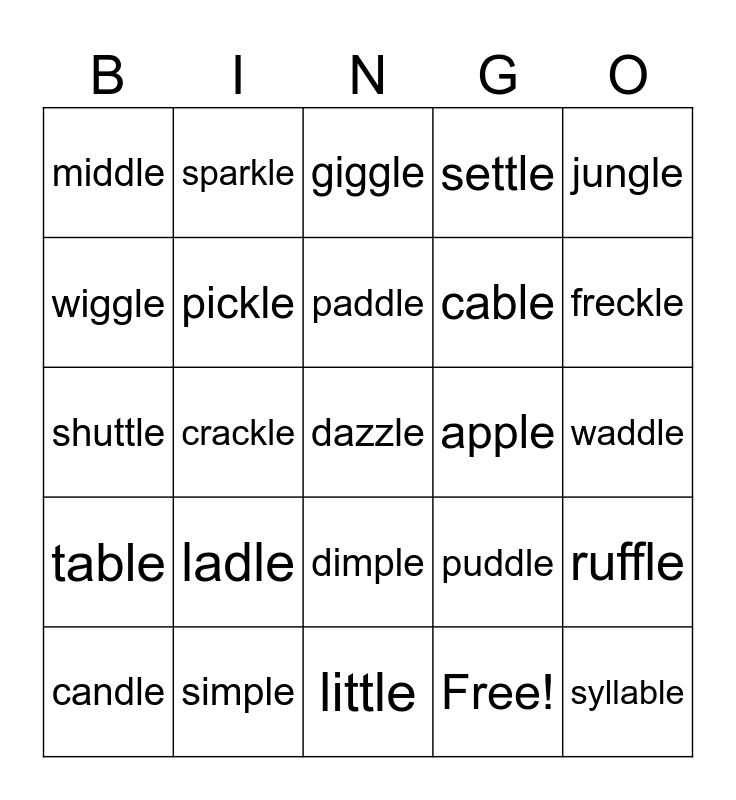 Final Stable Syllable Bingo Card