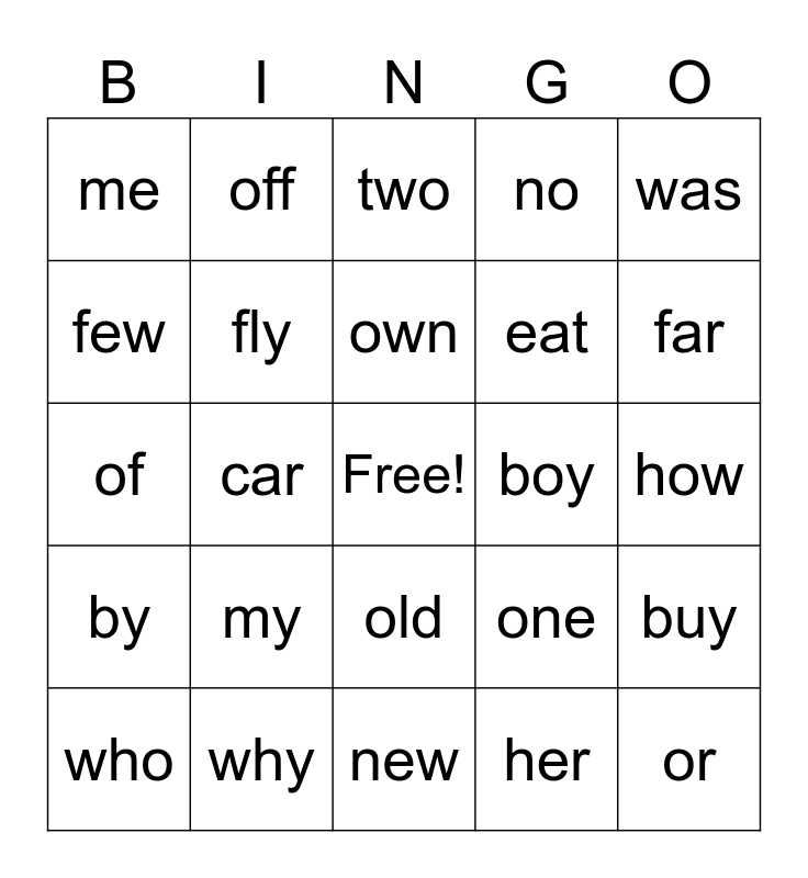 2 & 3 Letter Sight Words Bingo Card
