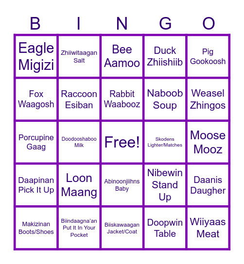 Anishinaabemowin Bingo: Common Words Bingo Card