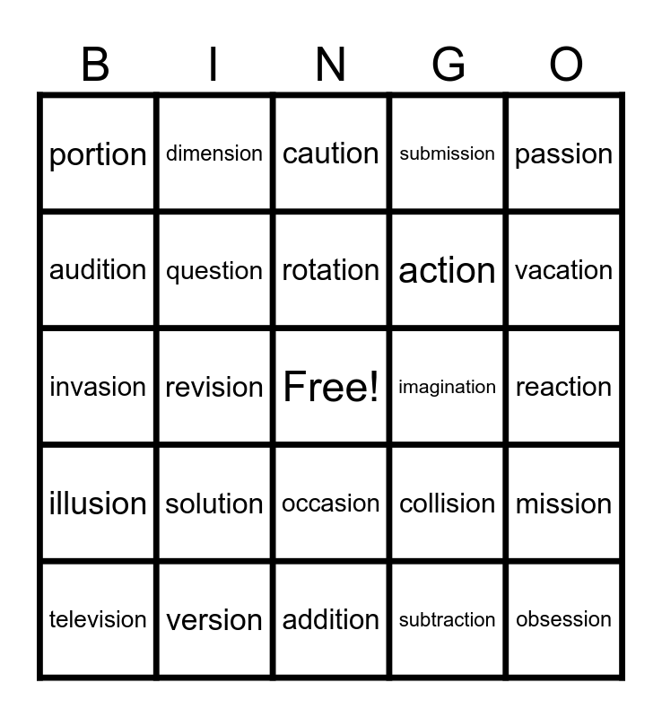Lesson 119: -sion, -tion (final stable syllables) Bingo Card