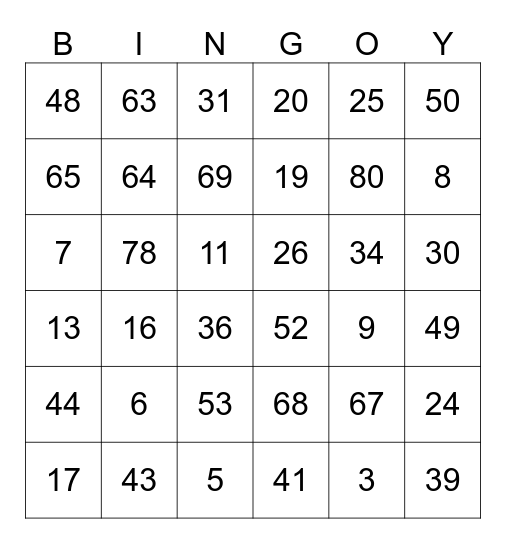Number Bingo Card