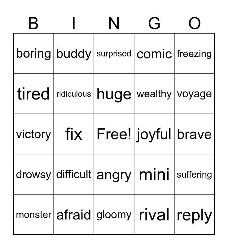 Synonym Bingo Card