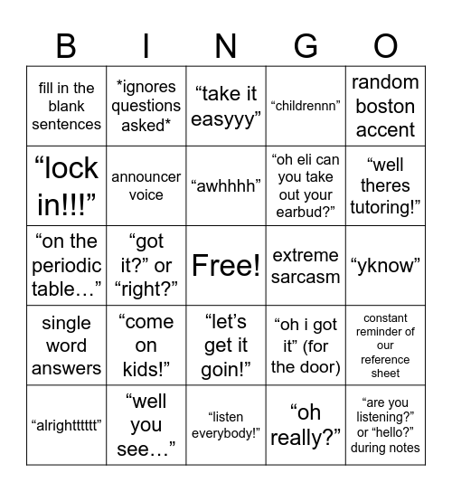 Chemistry - Mr. Wood Bingo Card