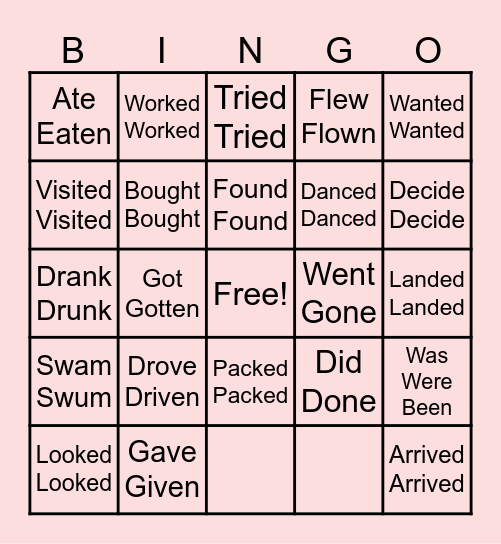 Verbs Bingo Card