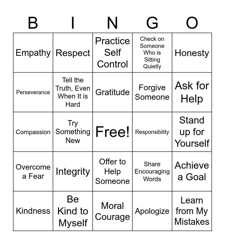 Character Traits Bingo Card