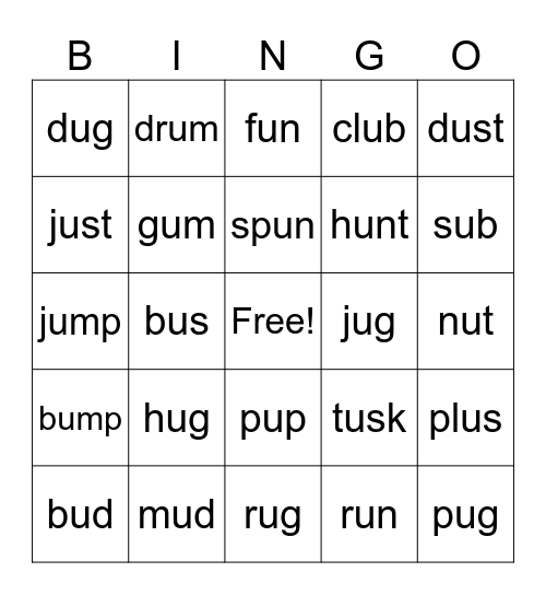 Short U Bingo Card