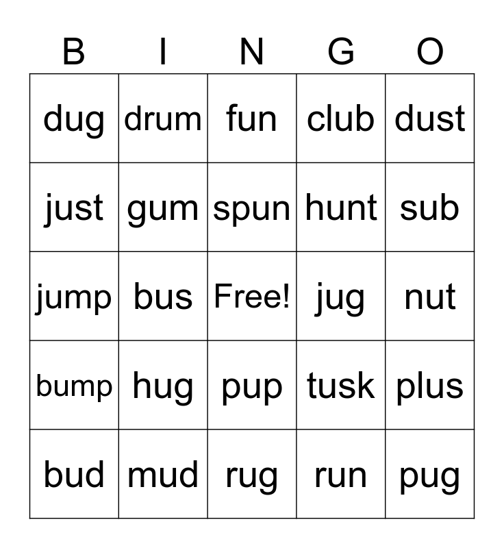 Short U Bingo Card