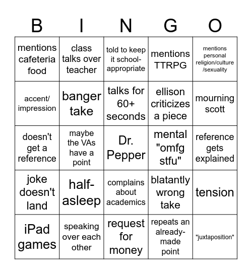 creative writing bingo Card